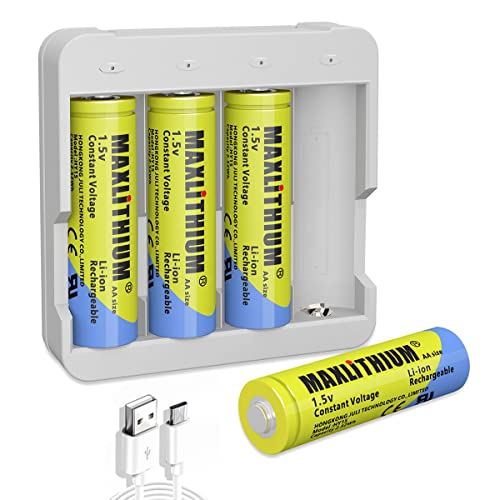 maxlithium 1.5V AA Lithium Rechargeable Batteries 2520mWh, 1500 Cycles Lithium AA Batteries Rechargeable with 2H Fast Charging, 4 Count with Charger