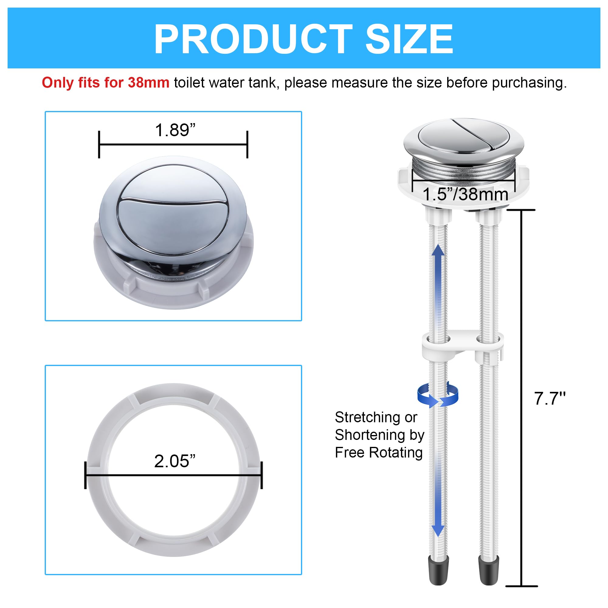 38mm Toilet Tank Buttons, 2 Pack Flush Valve Dual Push Button Replacement Adjustable, Compatible with Glacier Bay Aquasource TOTO, American Standard, KOHLER, Twfords, Armitage Shanks, Geberit