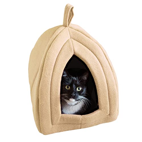 Cat House - Indoor Bed with Removable Foam Cushion - Pet Tent for Puppies, Rabbits, Guinea Pigs, Hedgehogs, and Other Small Animals by PETMAKER (Tan),(L) 13.5” x (W) 13.5” x (H) 15”