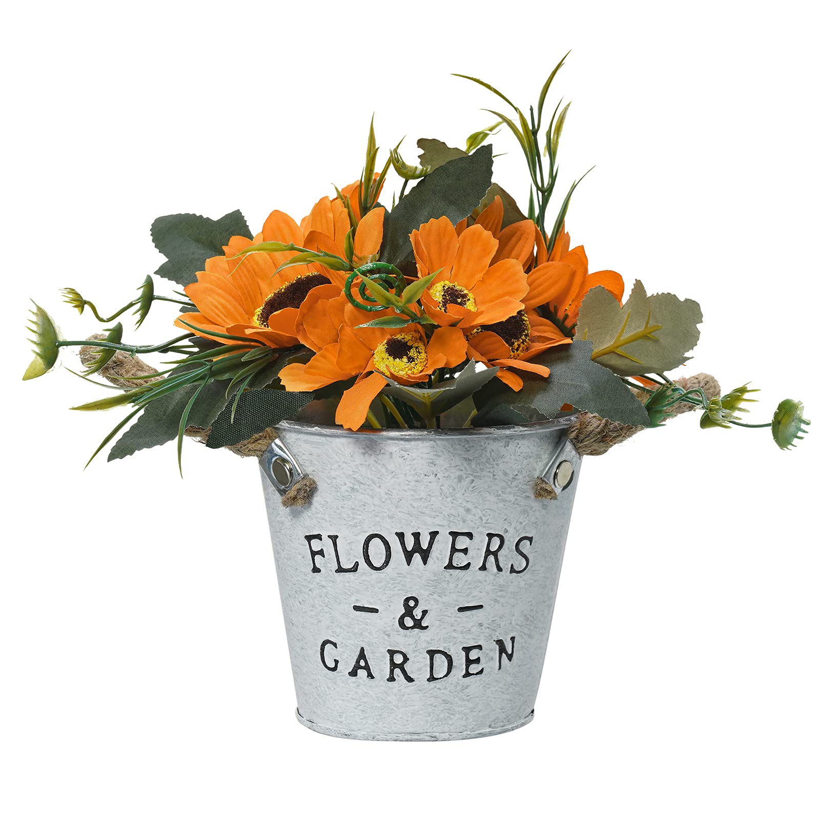 Artificial Sunflower Pot Shape Bonsai, 1 Pc Artificial Sunflower with Vase Metal Potted Fake Flower Artificial Sunflowers Bouquet for Party Office Garden Table Home Decor Windowsill (Orange Yellow)