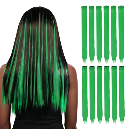 Green Hair Party Highlight Synthetic Hairpiece,12 Pieces Hair Extension for St. Patrick's Day Kids Girls Women 20 Inch