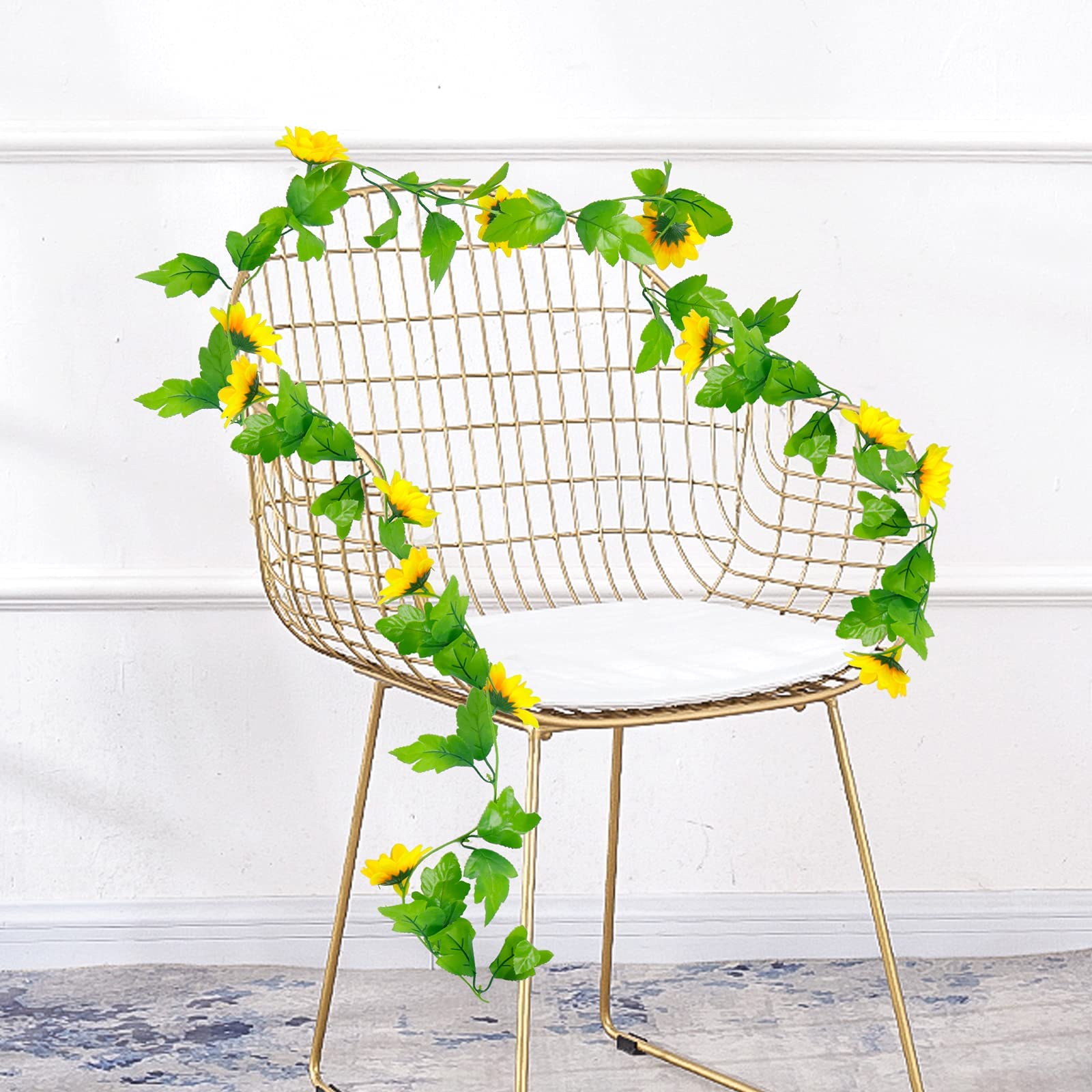 Artificial Sunflower Garlands Hanging Sunflower Vine 5pcs 7.8FT Silk Sunflowers with Green Leaves for Wedding Party Garden Home Decor