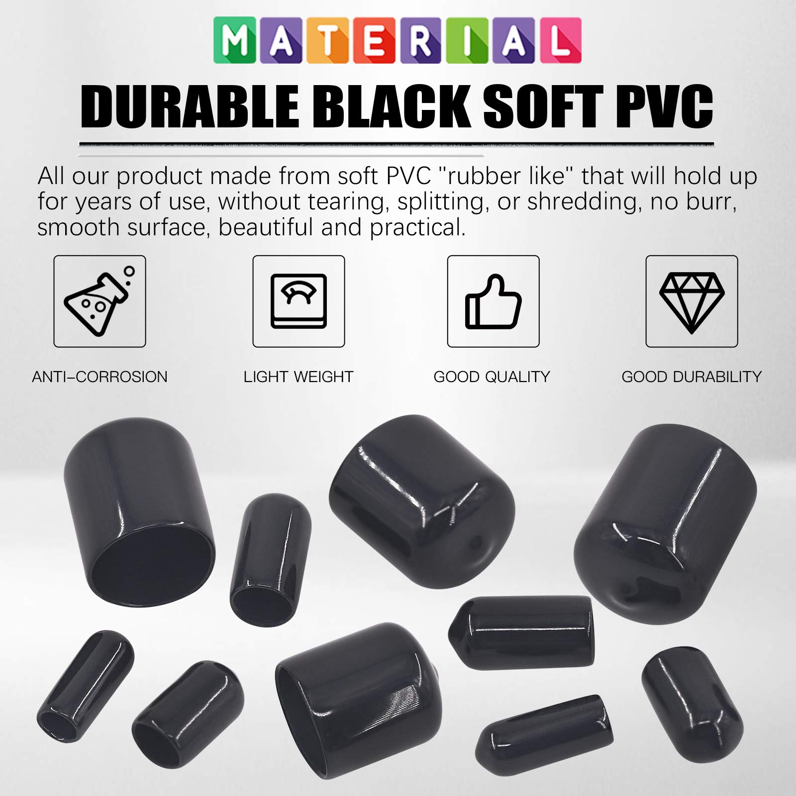 Glarks 48Pcs 1/4'' 3/8'' 1/2'' 3/4'' 7/8'' ID Black Rubber Thread Protector Covers Assortment Kit Vinyl Tube End Caps Round End Flexible Caps Set for Protecting Furniture Feet Tube and Screw