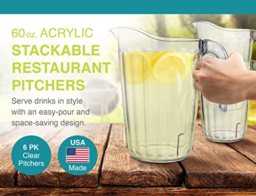 Arrow Home Products Clear Plastic Pitcher, 60 Ounce - 6 Pack Bulk Set for Bars and Restaurants - Space-Saving Stackable Design - Fill with Ice Water, Beer - Made in the USA, BPA Free, Dishwasher Safe