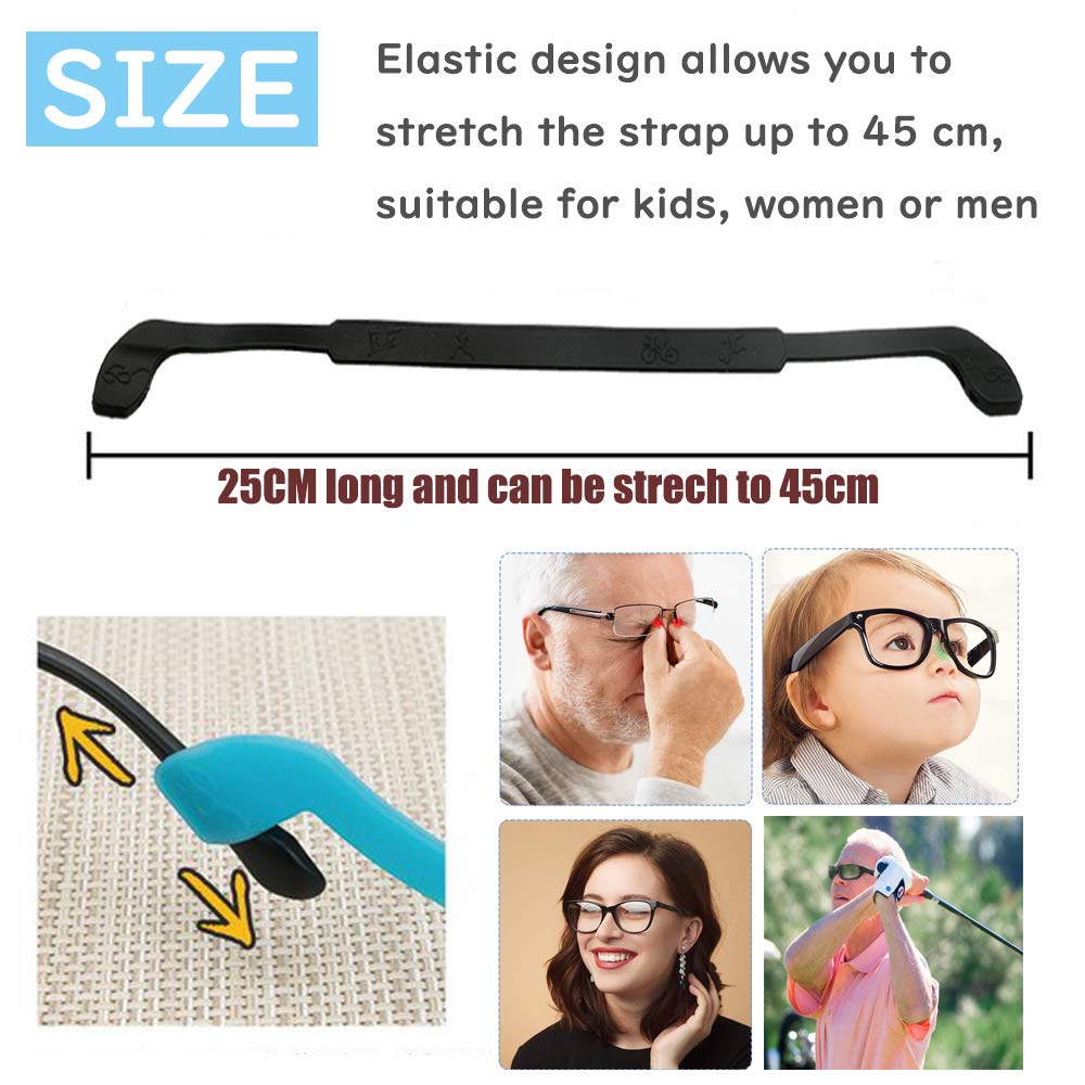 Glasses Strap Anti-Slip Silicone Eyeglass Strap Eyewear Retainers Sports Elastic Soft Sunglass Cord Holder for Men Women 2PCS(Black /Blue)