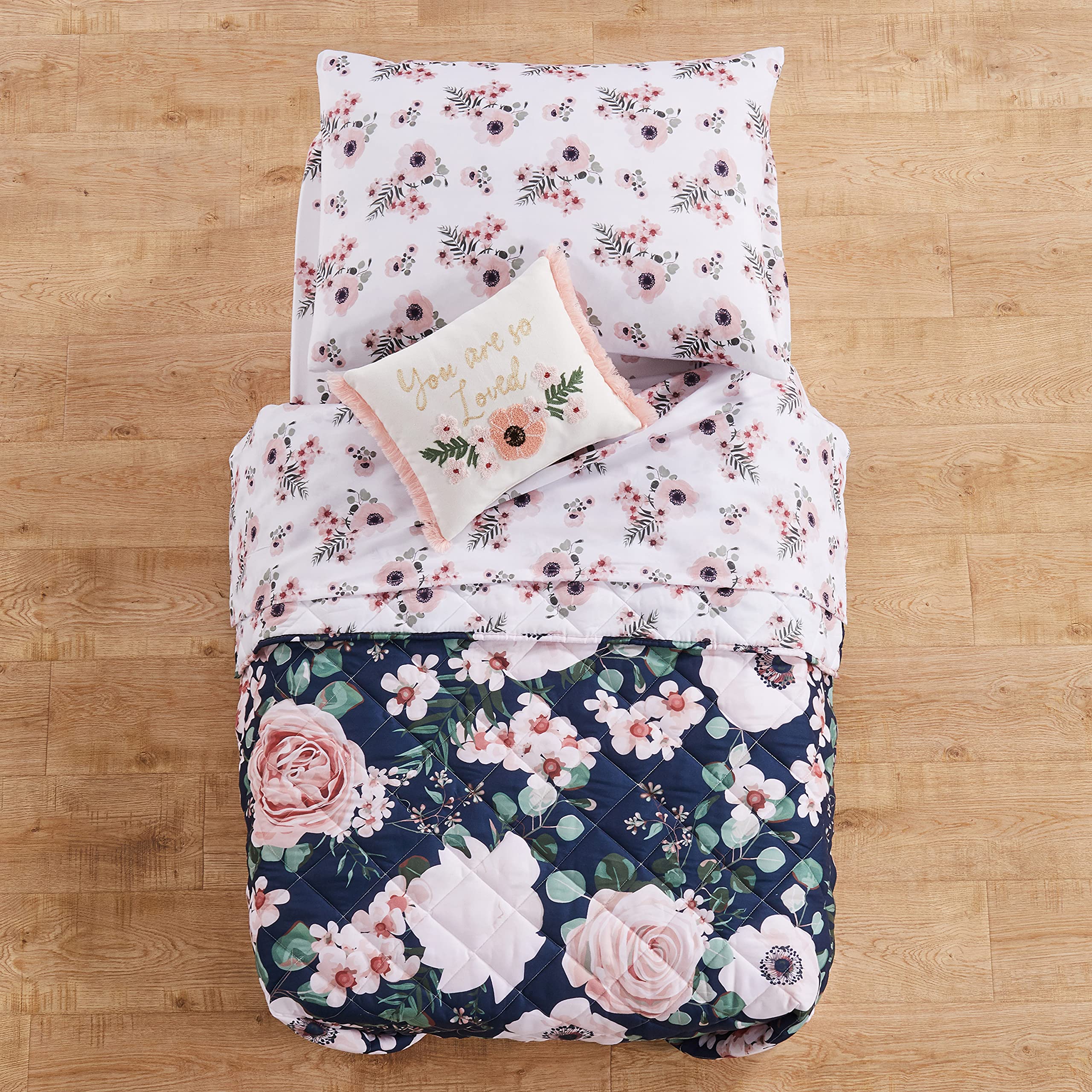 Levtex Baby - Fiori Toddler Bed Set - Black, Blush, Pink, White - Bold Floral - 5 Piece Set Includes Reversible Quilt, Fitted Sheet, Flat Sheet, Pillow Case, Decorative Pilow