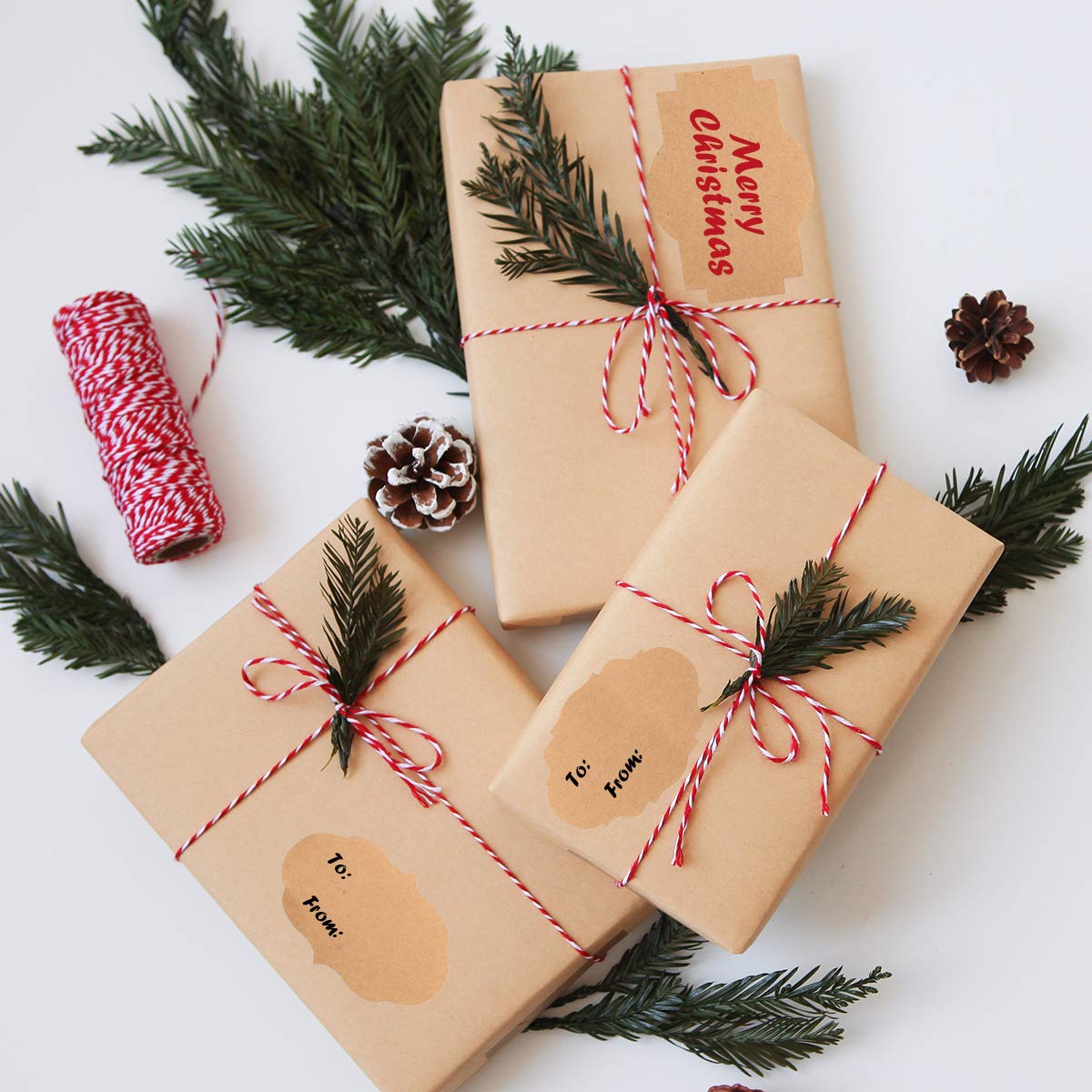 Cualfec Kraft Paper Tag Stickers Blank Labels for Christmas Package, Mason Jars, Bottles, Candle Containers 2" x 3" Large Labels - 100 x 2 Rolls