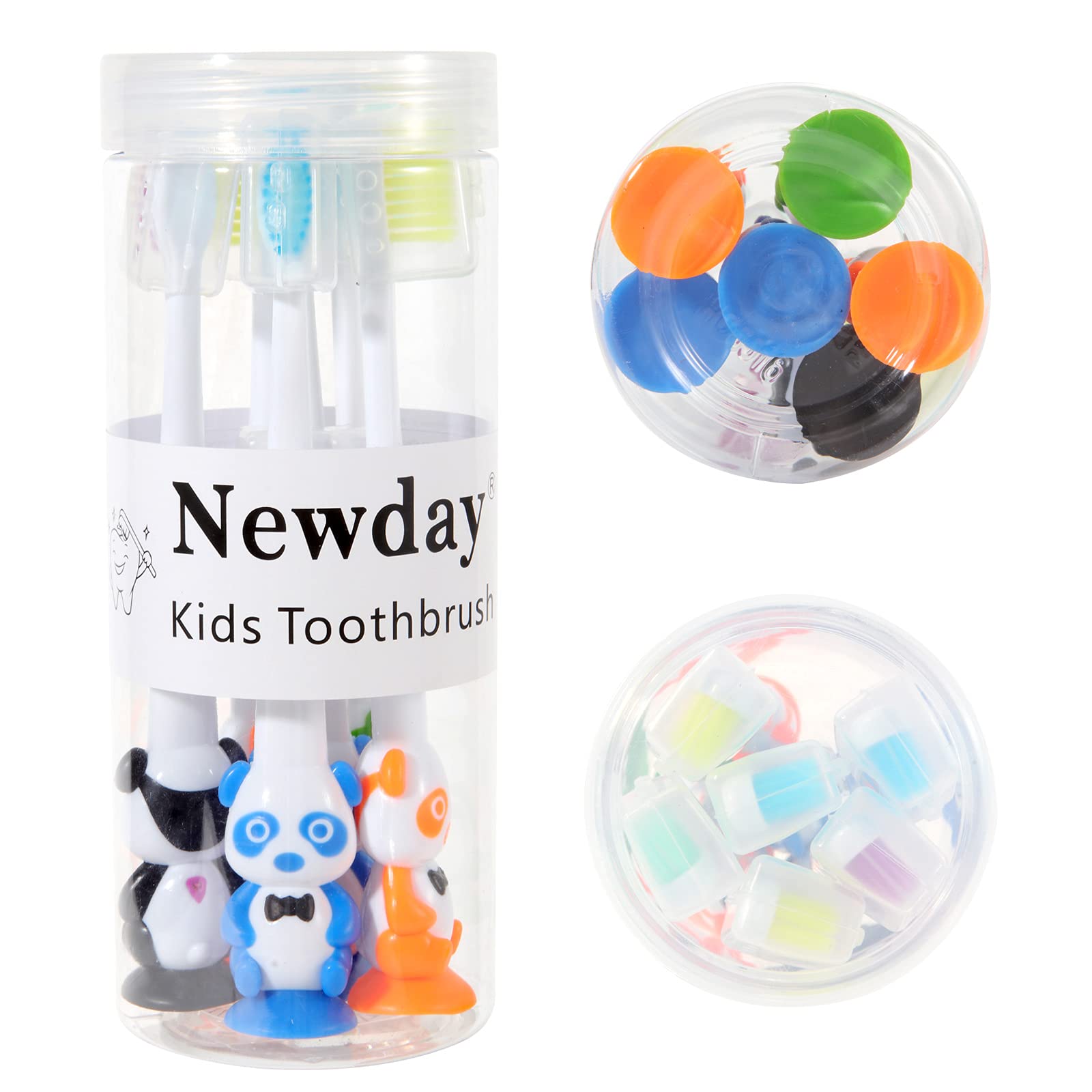Newday Kids toothbrushes 6 Pack Set Soft Bristles with Suction Cup, Includes Travel Covers, Bear Panda toothbrushes for Kids Boys & Girls, Toddlers &Children Teeth Age 3+
