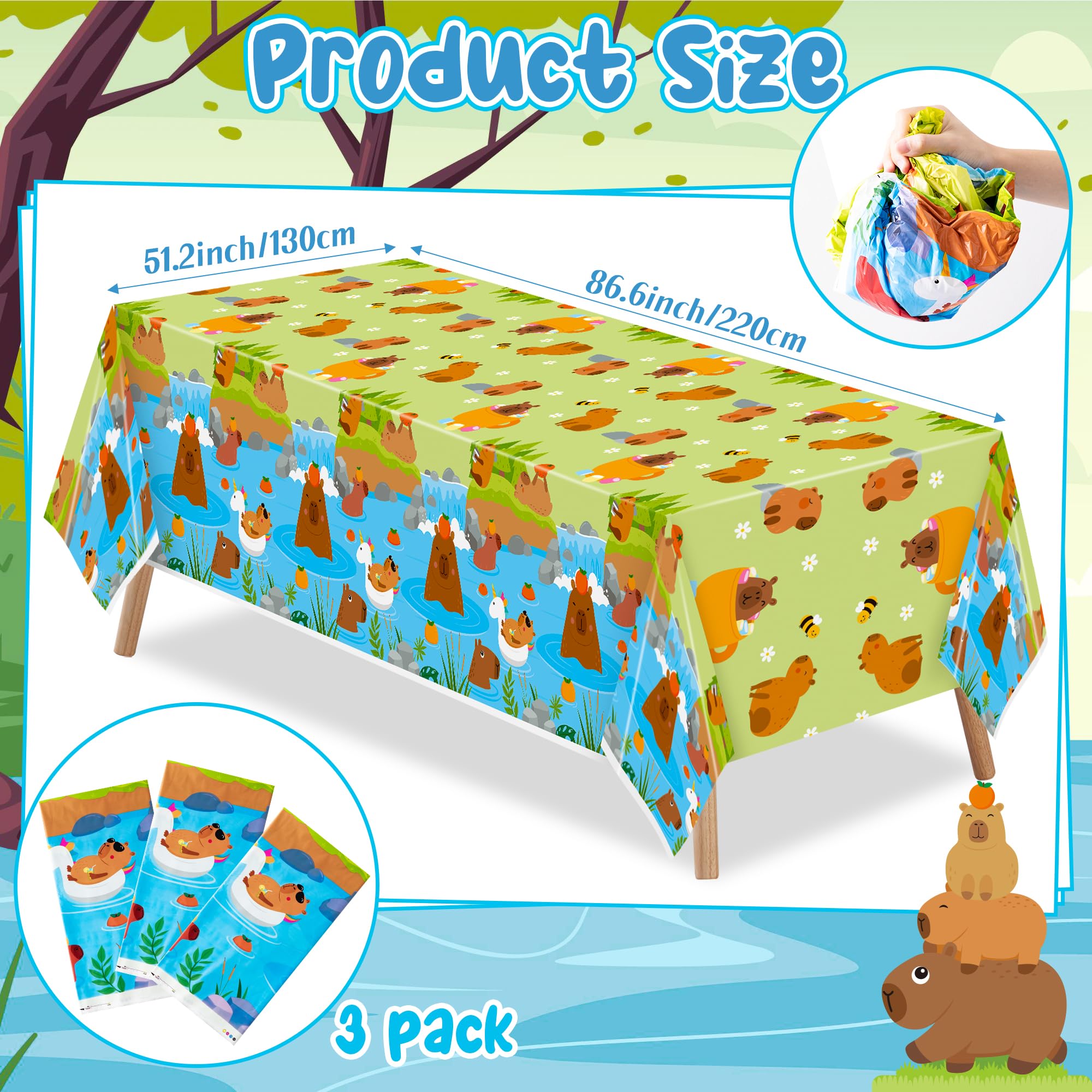 3Pcs Capybara Party Tablecloth Cute Capybara Birthday Table Cover Capybara Animals Party Decorations Plastic Disposable Rectangular Table Cloth Decor for Kids Birthday Baby Shower Animals Themed Party