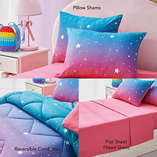 ART DEMO Rainbow Pastel Purple Comforter Sets for Teen Girls, Full Size 5 Pieces Bed in a Bag, Ultra Soft Microfiber Comforter and Sheet Sets, Cooling Summer Dorm Bedding Set