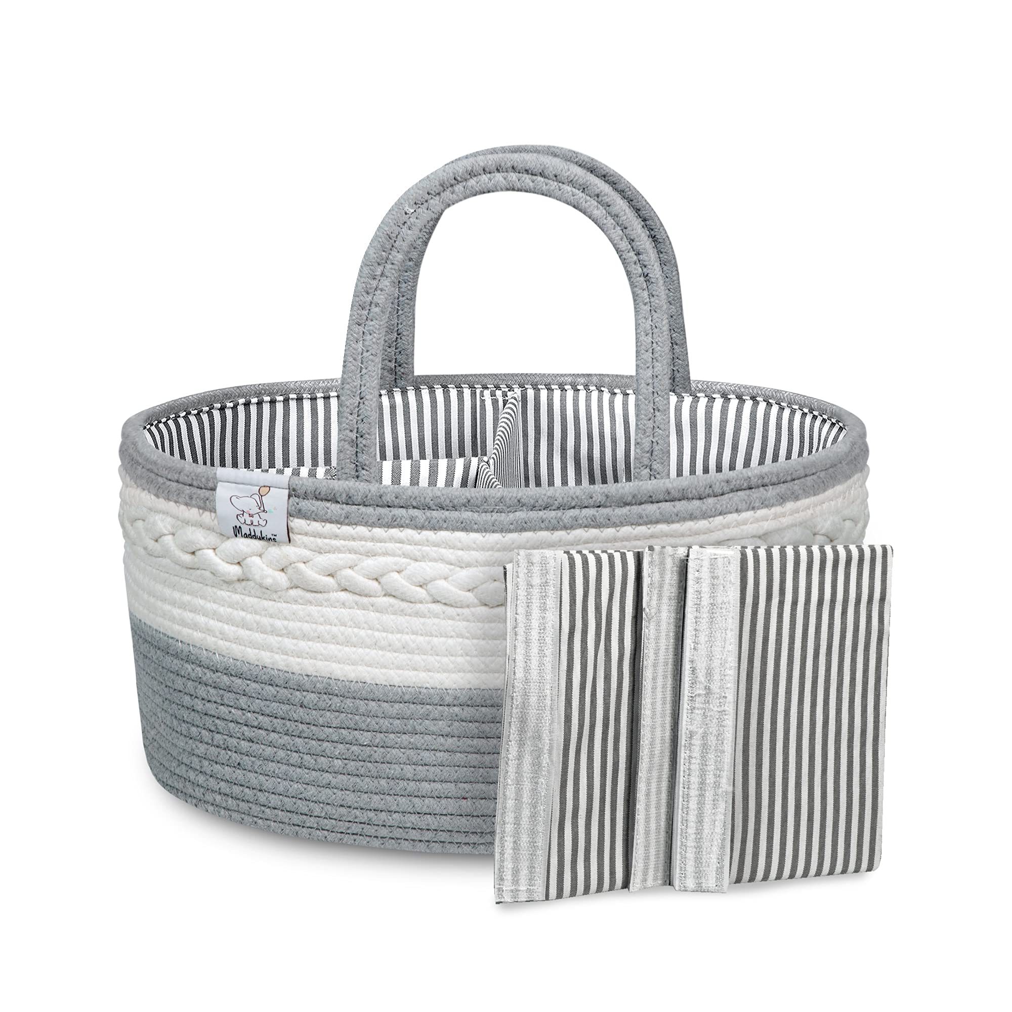 MADDYKINS - Diaper Caddy, Diaper Basket Organizer, 100% Pure Woven Cotton Diaper Storage Caddy, Large Diaper Caddy, Grey/White