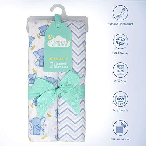 Cuddles & Cribs Baby Receiving Blankets – 100% Cotton Flannel Receiving Blankets - Elephant & Stripes - Pack of 2-30 x 30 Inch