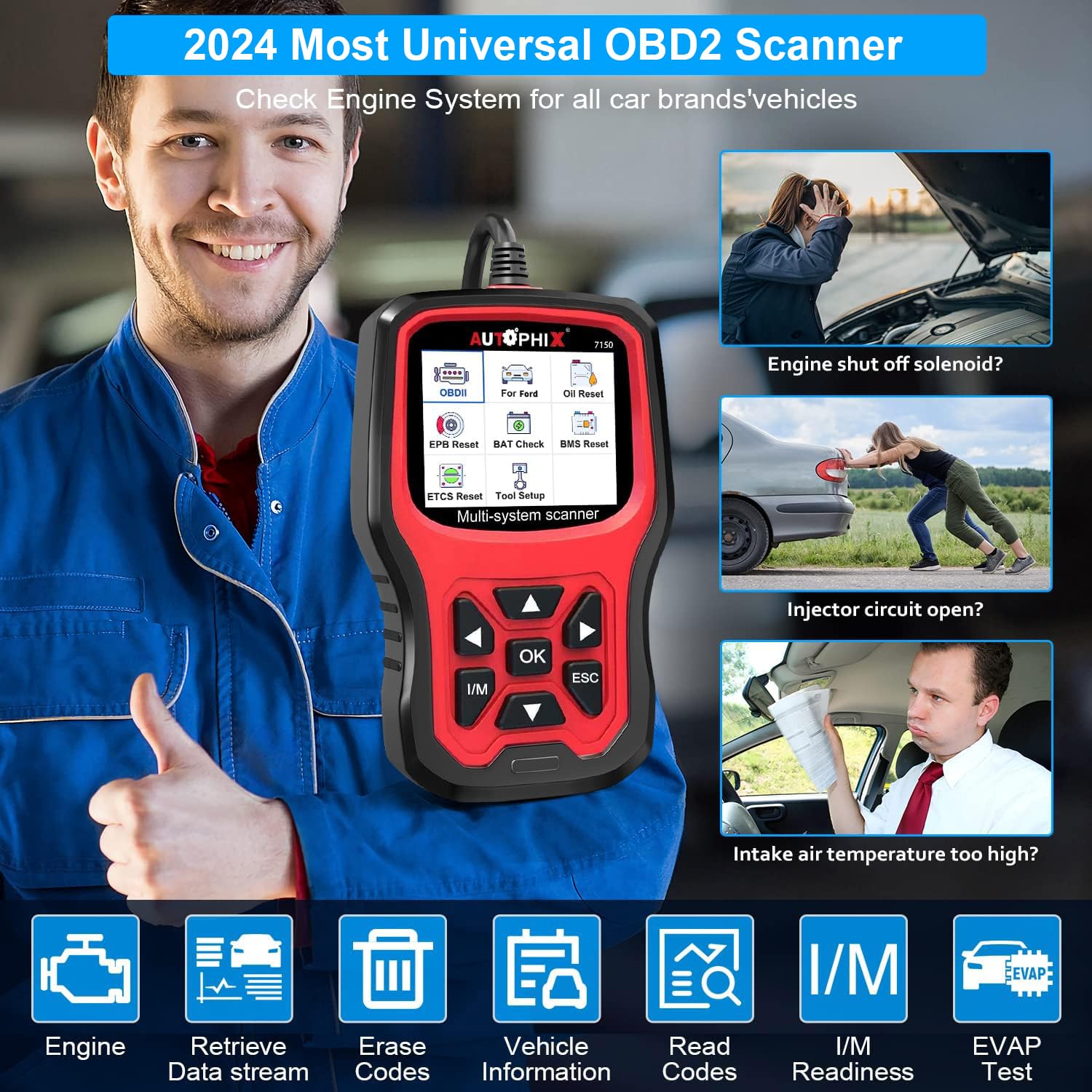 2024 Elite AUTOPHIX 7150 Full System Diagnostic Scan Tool Fit for Ford Lincoln Mercury All Function OBD2 Scanner with Engine ABS SRS SAS Oil EPB DPF TPMS Reset Code Reader Battery Registration Tool