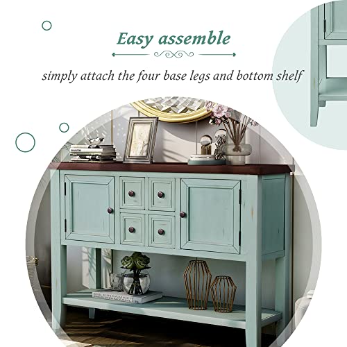 Knocbel Vintage Wood Console Table Buffet Sideboard with 4 Storage Drawers, 2 Cabinets & Bottom Shelf, Entryway Hallway Foyer Table Cupboard Coffee Bar Cabinet, 46" L x 15" W x 34" H (Antique Blue)