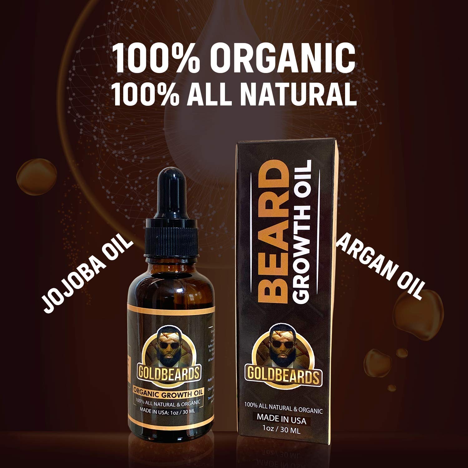 GOLDBEARDS GROWTH Beard Oil, 100% Pure Natural for Groomed Beards, Mustaches, & Moisturized Skin 1 Oz Infused with Argan, Jojoba, Avocado, Vitamin E, Biotin and Almond Oils
