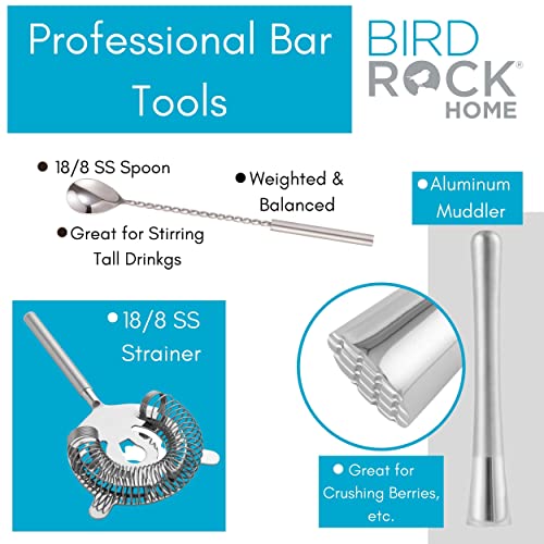 BIRDROCK HOME 10 Piece Bartender Kit with Wood Stand | Acacia | Professional Grade Stainless Steel Cocktail Set | Home Bar Tools | Gifts for Him | Shaker Bottle Opener