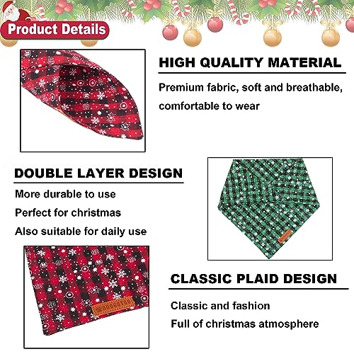 ADOGGYGO 2 Pack Dog Bandanas Christmas, Classic Plaid Snowflake Pet Scarf, Premium Durable Fabric, Multiple Sizes Offered, Christmas Bandanas for Medium Large Dogs Pets (Large, Red&Green)