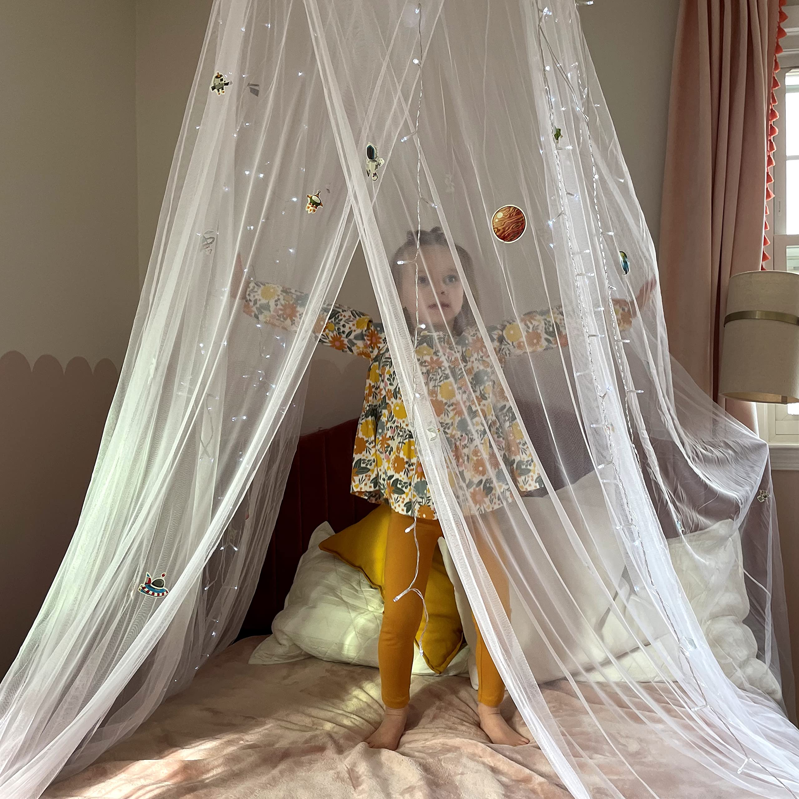 NFGMFMQSHDF Bed Canopy with Glow in The Dark Spaceworld, Modern White Bed Curtain for Girls, Kids & Babies, Fire Retardant Fabric