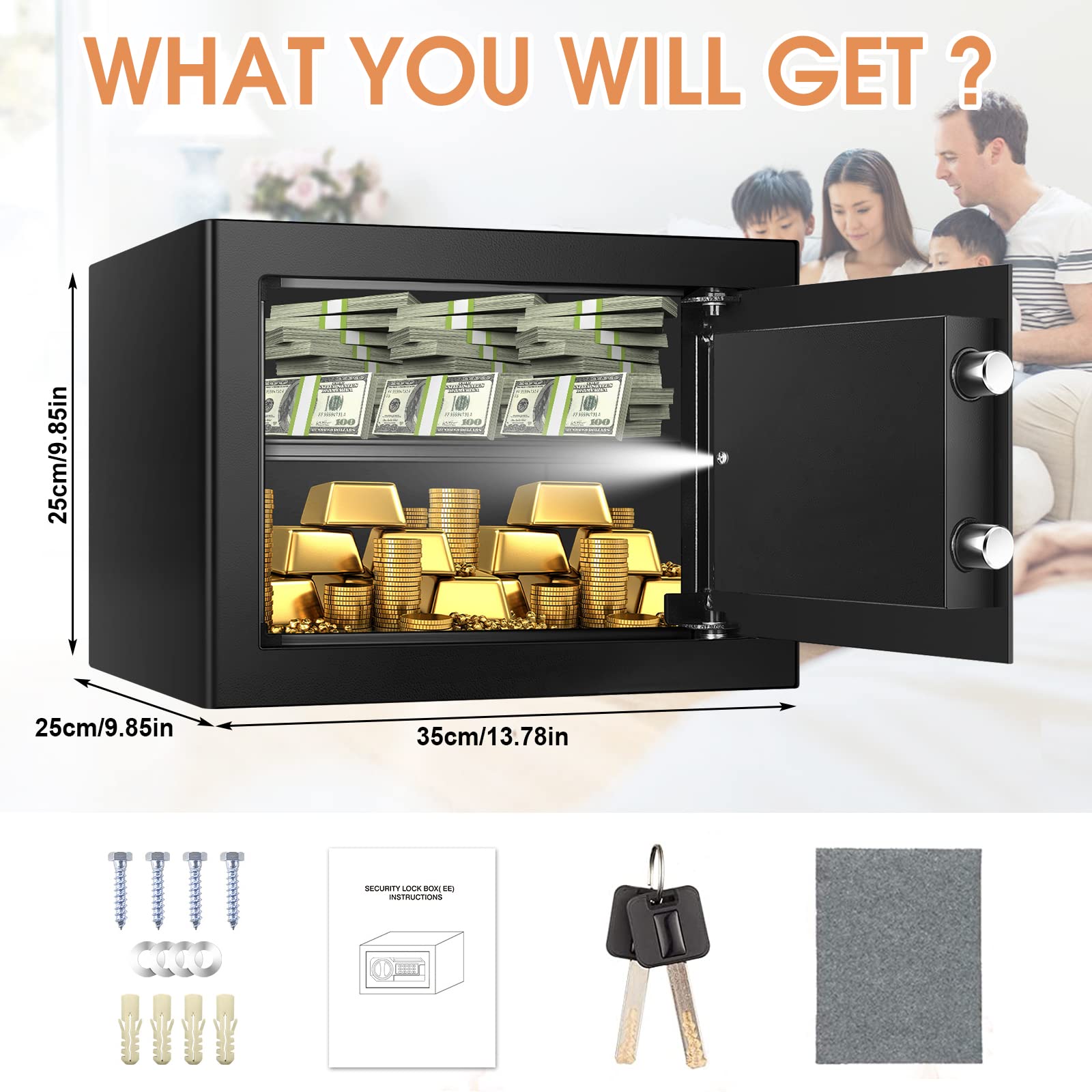 2.1 Cub Large Safe Box Fireproof Waterproof for Home, Personal Fireproof Safe With Removable Shelf, Smart Alarm, LEd Light, Silent Mode, Security Money Safes for Firearm Jewelry Medicine A4 Document…