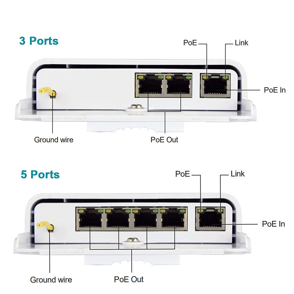 Outdoor 5 Port PoE Switch/Extender/Booster, 60W 48V 10/100/1000M POE Passthrough Switch Outdoor Ethernet Extender,PoE Repeater,6KV Lightning Protection, IEEE 802.3af/at/bt, by CENTROPOWER