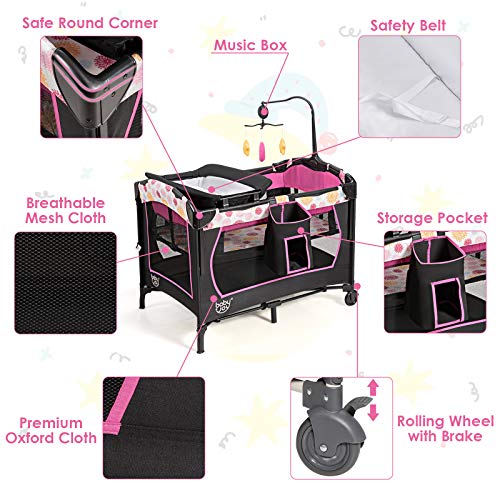 BABY JOY 4 in 1 Pack and Play, Baby Bedside Sleeper with Bassinet, 3 Adjustable Heights, Music Box, Easy to Install, Foldable Bedside Crib w/Changing Table, Playards from Newborn to Toddlers