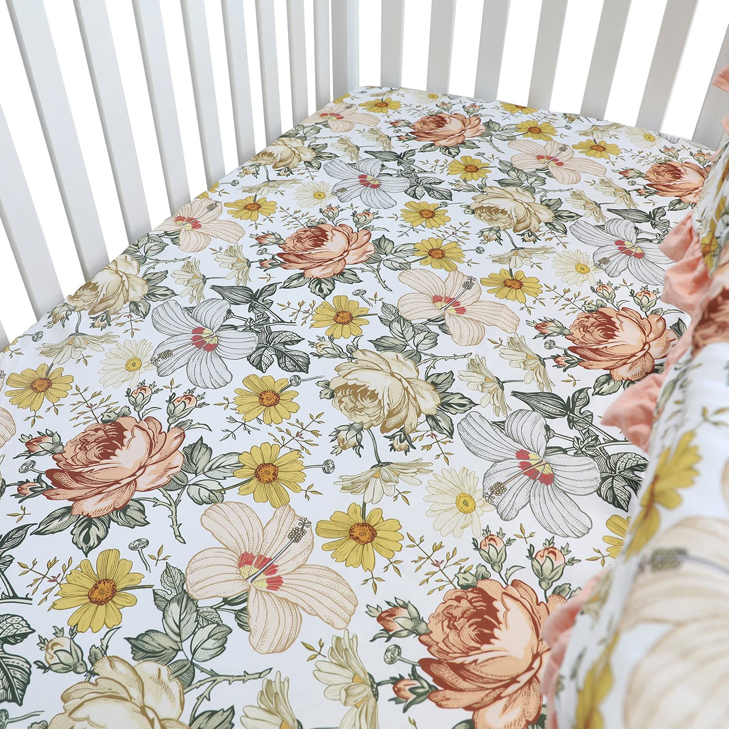 3PCS Crib Bedding Set Baby Minky Blanket Nursery Bed Skirt Set for Baby Girls & Boys (Retro Chrysanthemum,3pc Set)