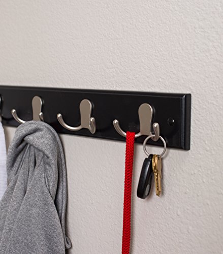 BirdRock Home Dual Hook Coat and Hat Rack - 4 Dual Hooks - 17 Inches - Wall Mount - Decorative Home Storage - Entryway Foyer Hallway Bathroom Bedroom Rail - Satin Nickel Hooks - Black Pine Bathroom Ra