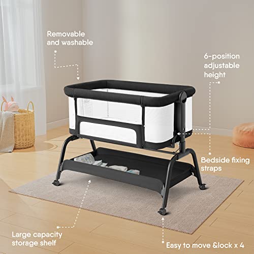 BabyBond Baby Bassinet, 3 in 1 Bassinet Bedside Sleeper with Soft Mattress and Sheet, 6 Height Adjustable Cosleeper Bedside Crib, 4-Sided Mesh Bedside Bassinet for Baby
