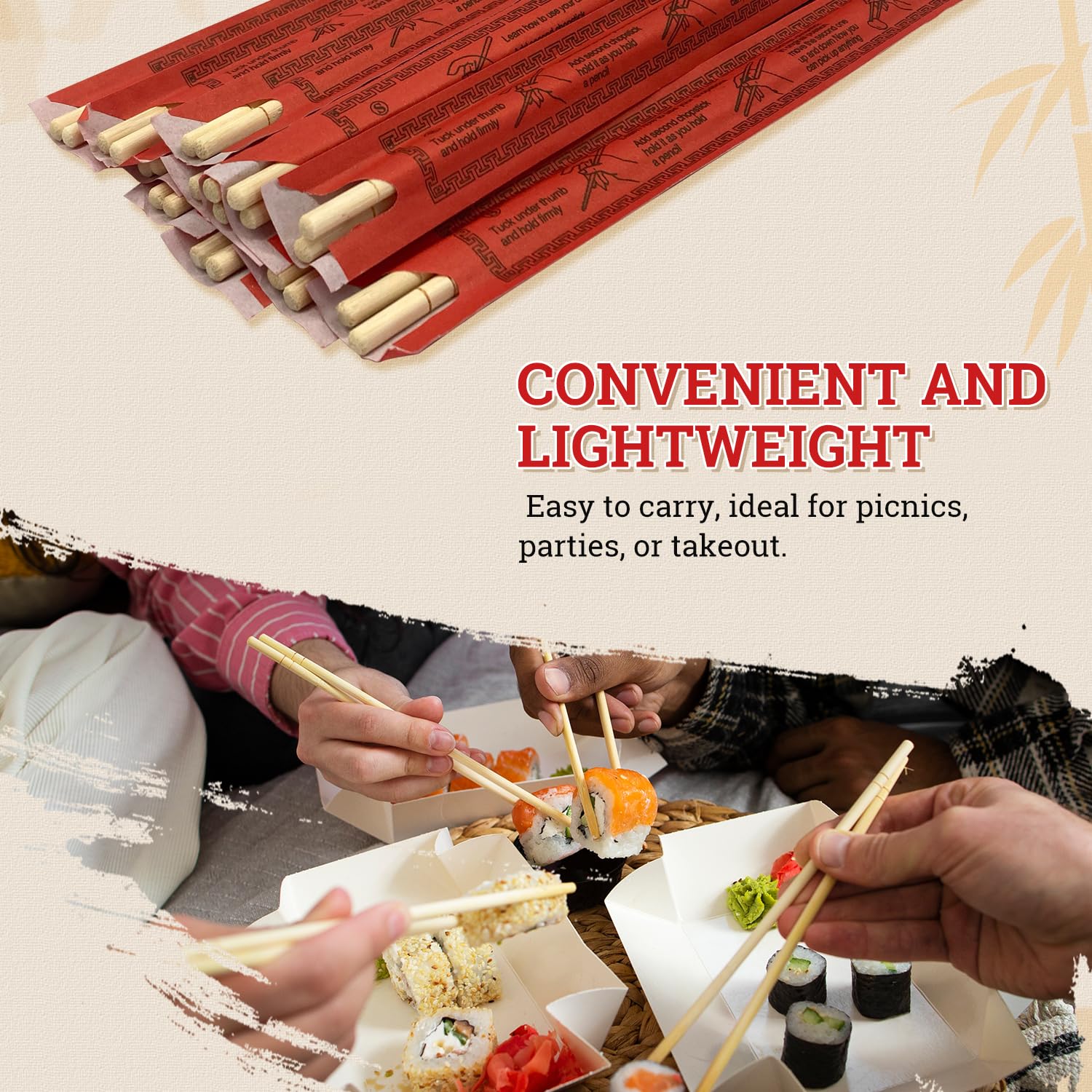 52USA Disposable Bamboo Chopsticks (100 Sets), Wooden Japanese Chopsticks Bulk, 9'' Long Chopsticks Disposable, Individually Wrapped Chinese Chopsticks