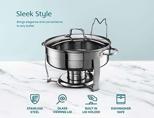Kook Stainless Steel Chafing Dish Buffet Set, with Glass Viewing Lid and Built-In Lid Holder, Round Food Warming Tray, For Parties, Dinners and Catering, 4.5 Qt