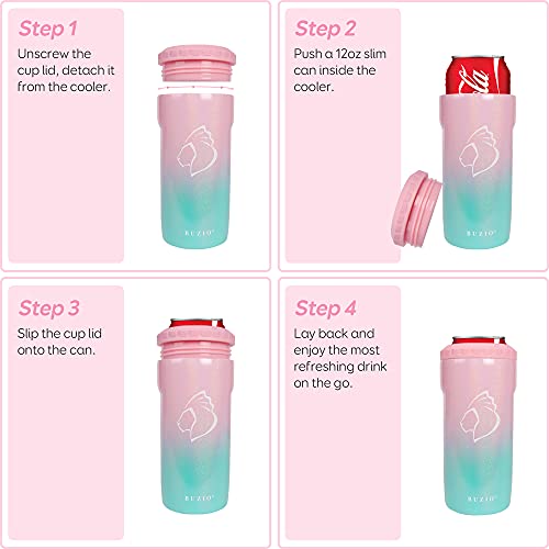 BUZIO 3-in-1 Insulated Can Cooler for 12oz, Double Walled Stainless Steel Can Holder and Beer Bottle Holder, 6 Hours Cold, Can Coozie Drink Cooler for 12 oz Slim Cans, Regular Cans, Bottles
