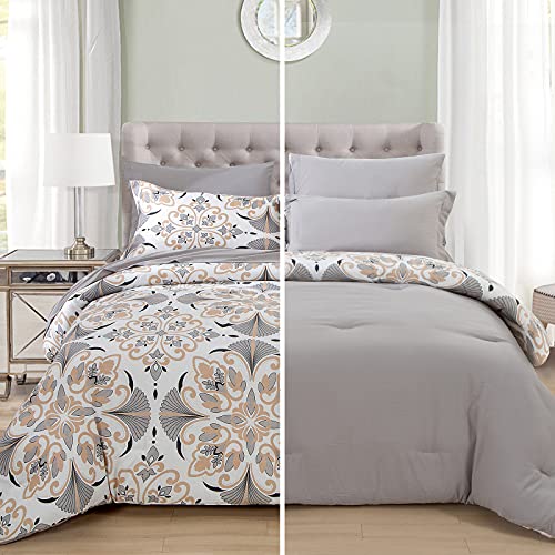 EMME Botanical Floral Comforter Set with Sheets Queen Size 7 Pieces,Brushed Microfiber Bed in a Bag, Ultra Soft and Comfortable Bedding Set for Girls (White Floral, 7-Piece Full/Queen)