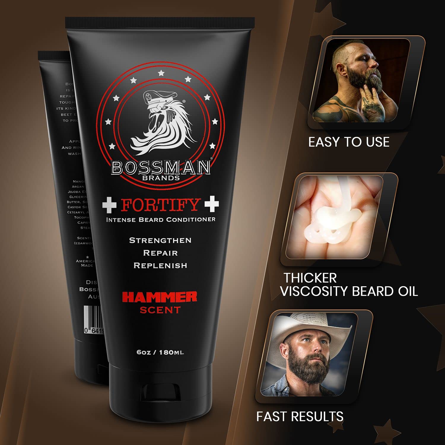 Bossman Fortify Intense Beard Conditioner - Shower Beard Wash, Moisturizer and Beard Softener for Men - Beard Growth Products - Made in USA (Hammer Scent)