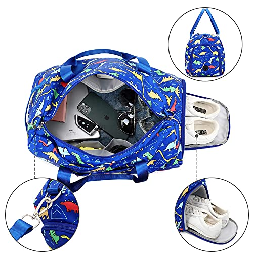 CAMTOP Kids Duffel Overnight Bag Boys Girls Weekender Carry-On Personalized Tote for Travel Gym Sport (Dinosaur-Dark Blue)