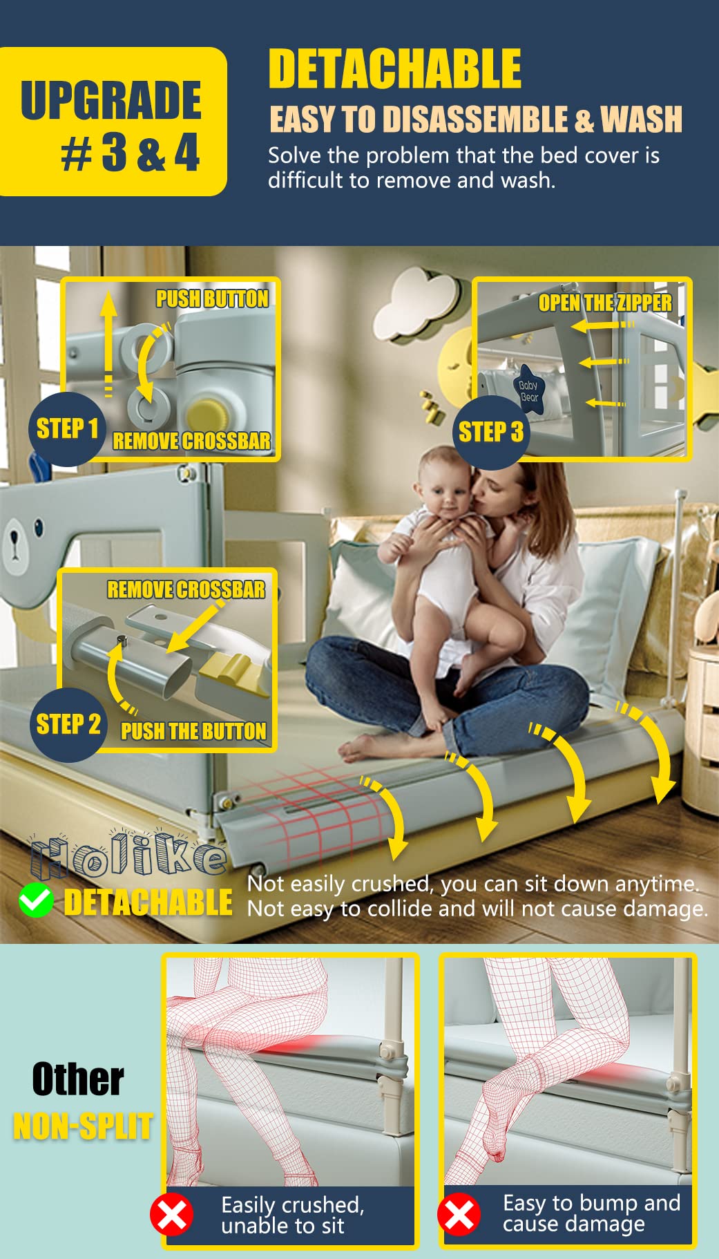 Holike Bed Rails for Toddlers - 60 inch 70 inch 80 inch Extra Long Baby Bed Rail Guard (3 Sides: Perfect for California King Bed,Include 3 Sides)