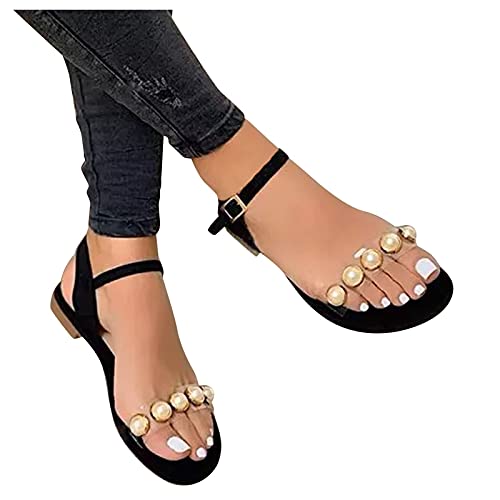 eczipvz Sandals for Women Casual Summer, Women's Flat Sandals Peal Decorated Strap Buckle Sandals Fashion Comfy Sandals Black