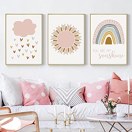 BIKCZEWIN Unframed Wall Art Prints Boho Rainbow Clouds Sun Canvas Painting Room Decor for Kids Girl Home Bedroom Classroom School Nursery Decorations