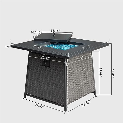28 Inch Propane Fire Pits Table with Blue Glass Ball,50,000 BTU Outdoor Wicker Fire Table with ETL-Certified,2-in-1 Square Steel Gas Firepits (Dark Gray)