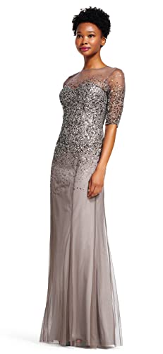 Adrianna Papell Women's 3/4 Sleeve Beaded Illusion Gown with Sweetheart Neckline, Lead, 14
