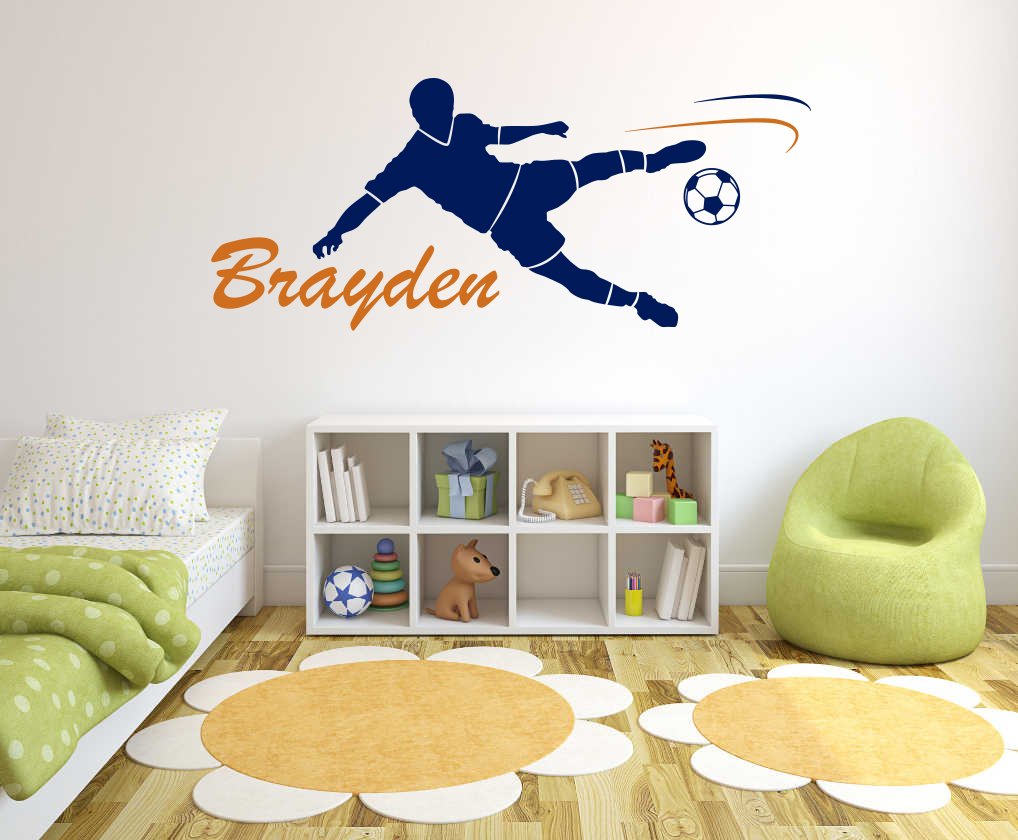 Custom Name Soccer Player Wall Decal - Soccer Wall Sticker - Wall Decal for Home Nursery Decoration (Wide 20"x9" Height Inches)