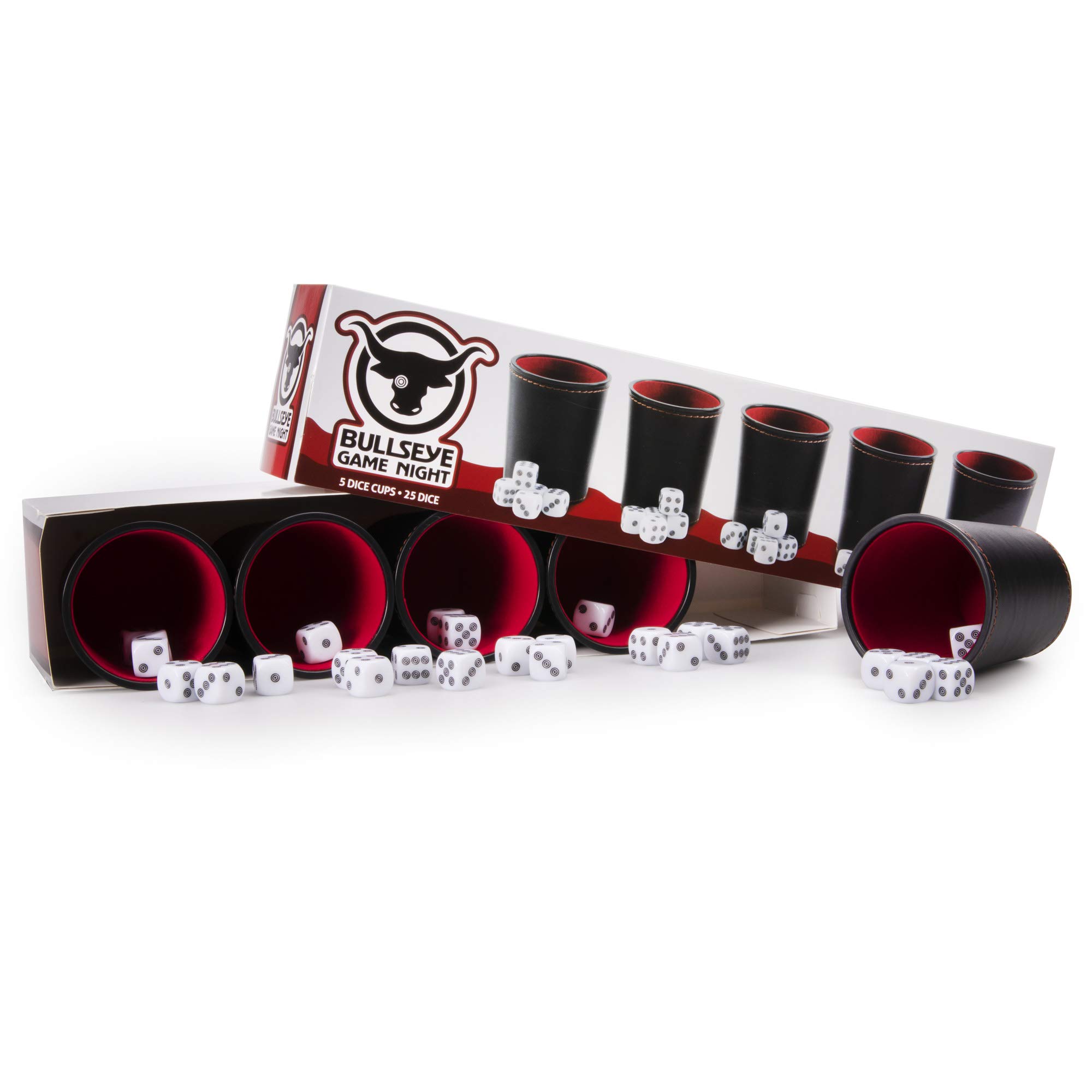 5 Leather Dice Cups and 25 Bullseye Dice by Bullseye Game Night | Classic Dice for Farkle, Liar's Dice, Bunco | Black and Red