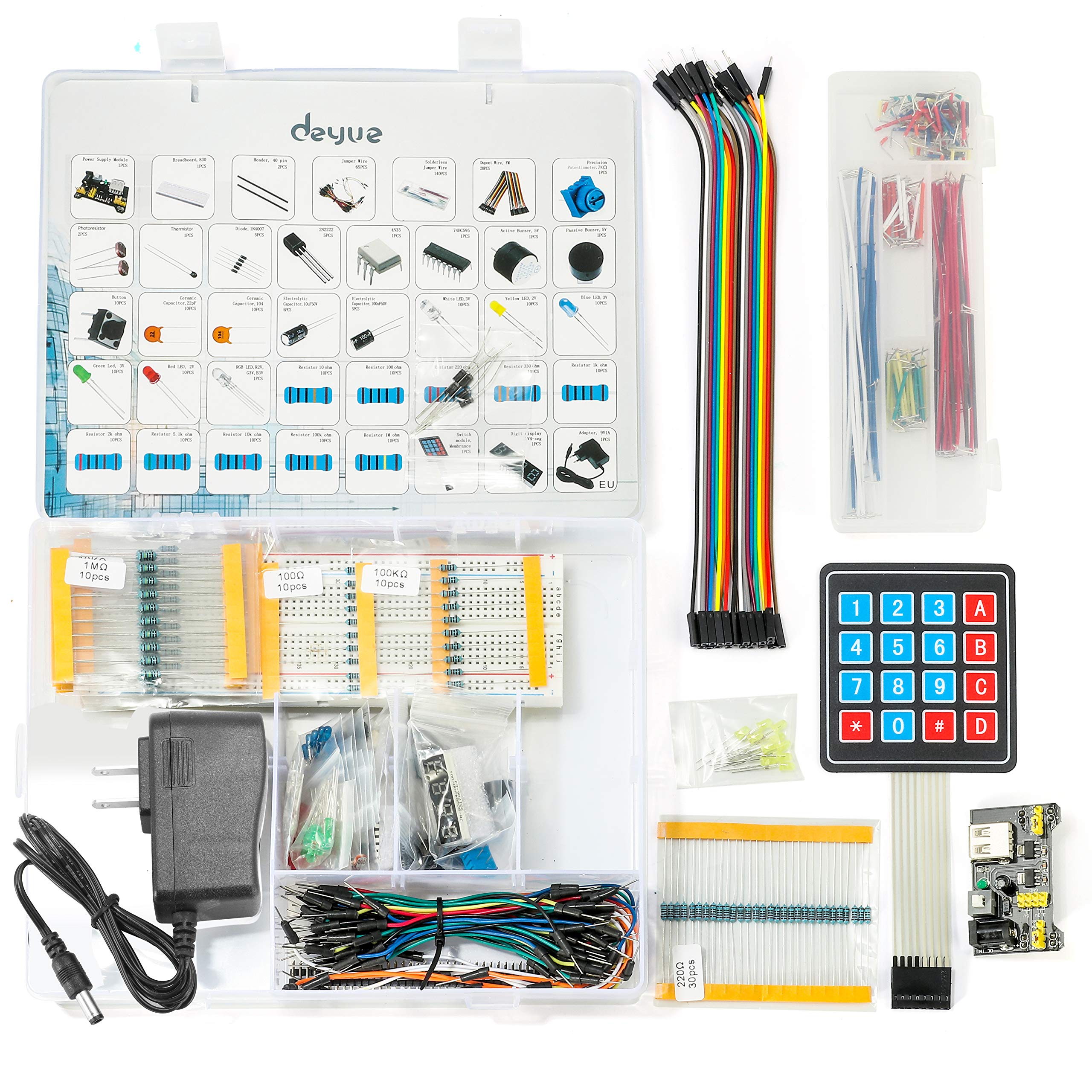 DEYUE 398 Electronic Starter Fun Kit Bundle | Basic Electronics Components Starter Kit | for Arduino, Raspberry Pi, STM32 | Power Supply Module, Power Adaptor, Jumper Wire