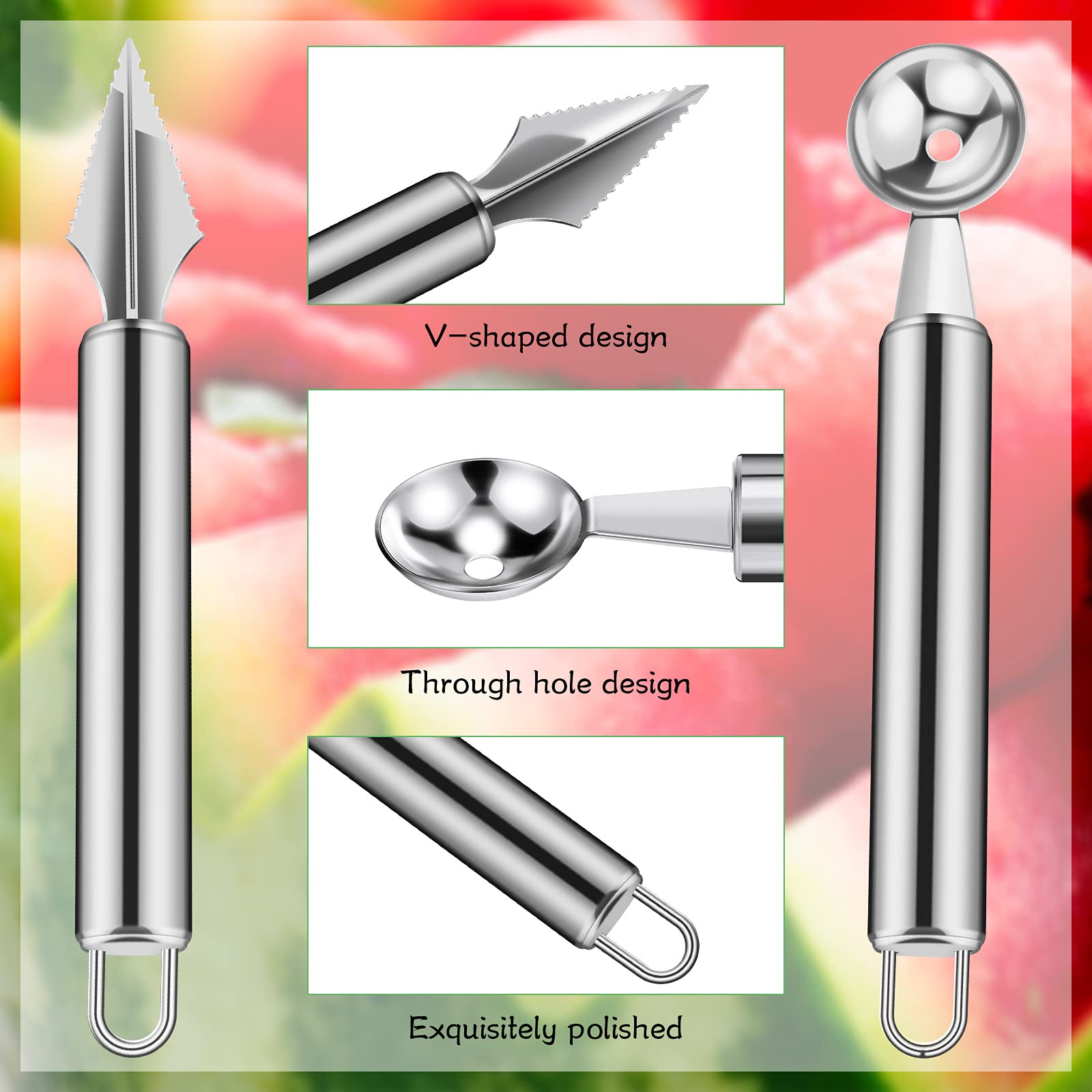 3 Pieces Watermelon Cutter Slicer Tools Stainless Steel Watermelon Cube Cutter Quickly Safe Watermelon Knife Fruit Digging Spoon Fruit Carving Tools for Kitchen Gadget