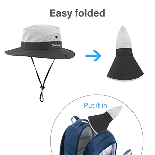 3 Pieces Womens Ponytail Wide Brim Sun Hat Packable UV Protection Beach Cap for Fishing & Hiking(Black&Gray&Pure Beige)