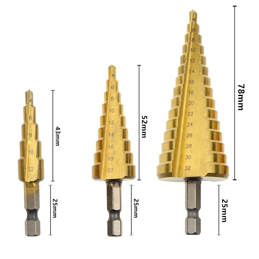 3Pcs High Speed Steel Step Cone Drill Bit Hole Cutter Hex Shank Titanium Plating Drill, Short Length Drill Bit, Step Drill with Hexagonal Handle for Wood/Metal Drilling - Step Drill Bit(4-12/20/32mm)