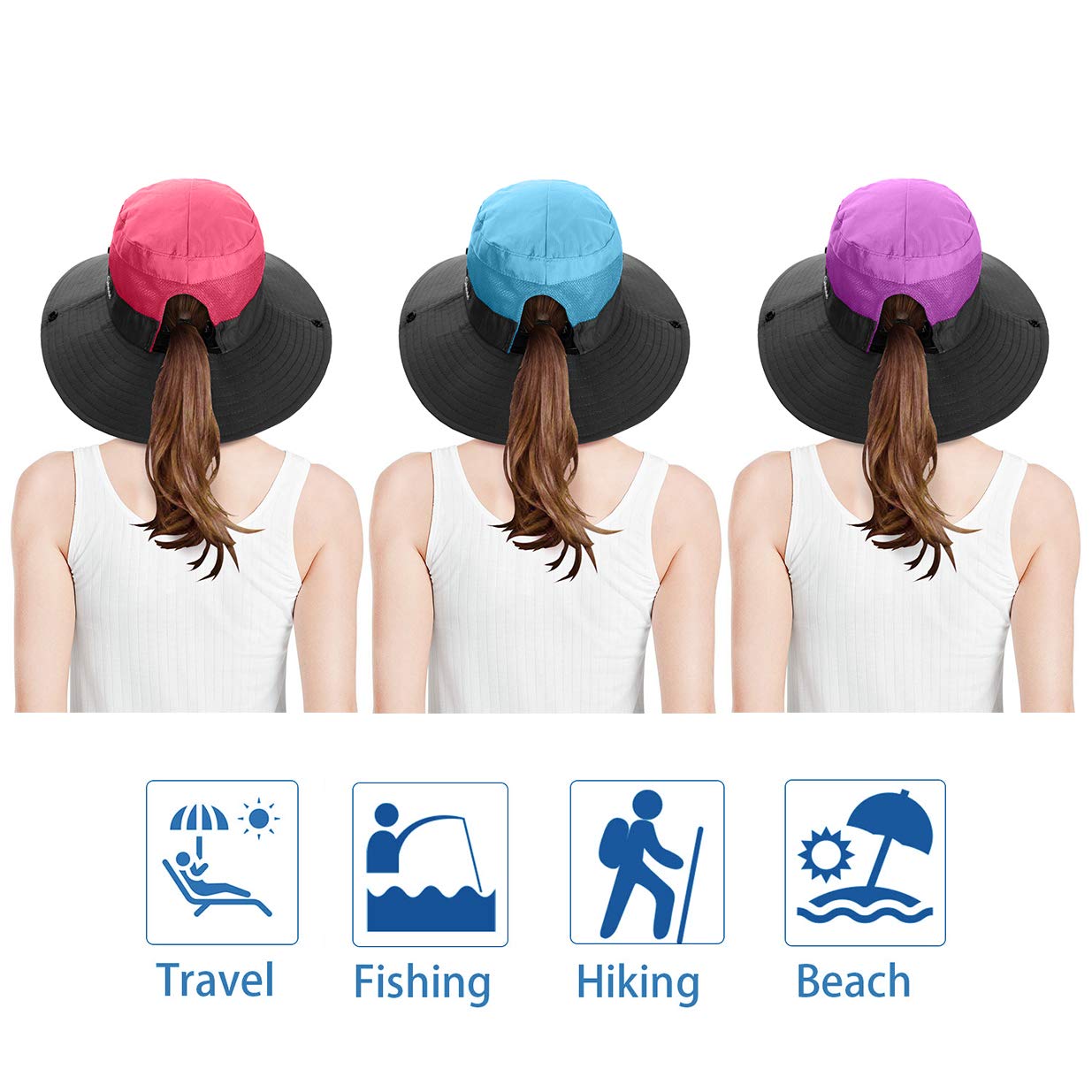 3 Pieces Womens Ponytail Wide Brim Sun Hat Packable UV Protection Beach Cap for Fishing & Hiking (Purple&Watermelon Red&Sky Blue)