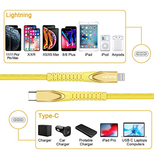 KINPS MFI Certified (10ft/3m) USB C to Lightning Fast Charging Cable Compatible with iPhone 12 Pro Max/12 Pro/12/11Pro/11 Pro Max/X/XS, Supports Power Delivery(for Use with Type C Chargers), Yellow