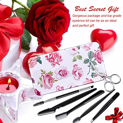 FITDON Eyebrow Grooming Set, Professional Slant Tip Tweezers & Curved Stainless Steel Scissors & 3PCS Brow Razors Trimmer & Duo Angled Eyebrow Brush with Spoolie black,sliver