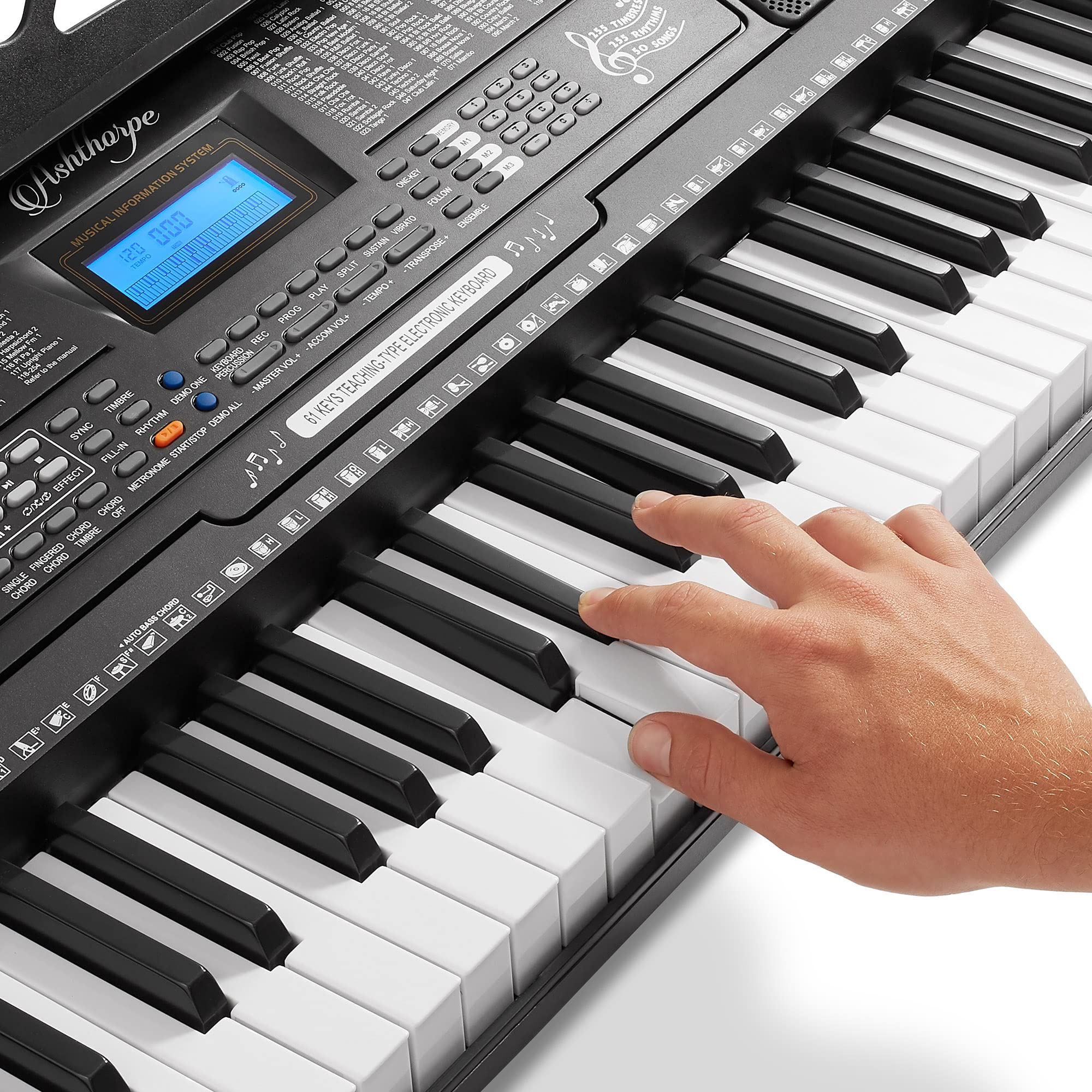Ashthorpe 61-Key Digital Electronic Keyboard Piano with Full-Size Keys for Beginners, Includes Stand, Bench, Headphones, Mic and Keynote Stickers