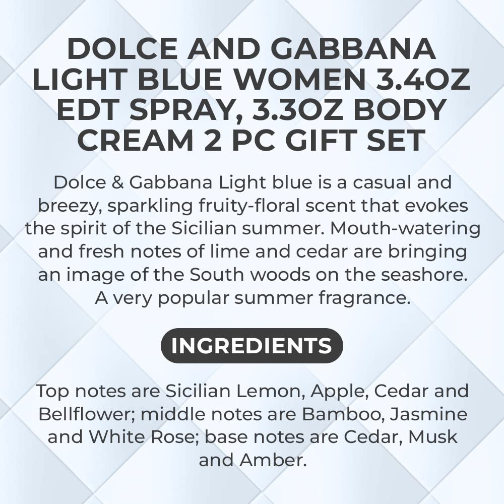 Dolce & Gabbana (dopg8) Dolce & Gabbana Light Blue 2 Pc. Gift Set for Women | Edt 3oz + Body Crφme 3oz for Women By Dolce & Gabbana, 3fl Oz